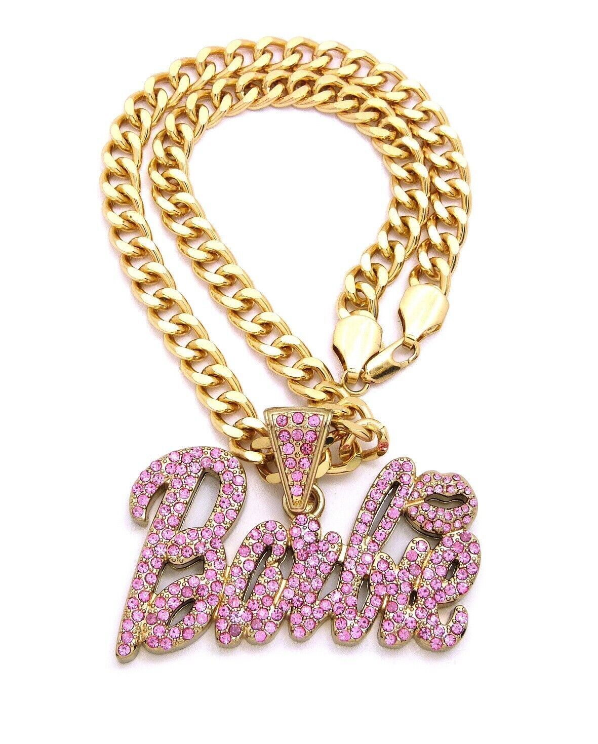 Women Gold Plated Pink Barbie Iced Cubic Zirconia Charm & Cuban Chain ...