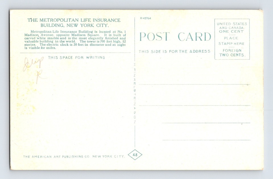 Postcard New York City Metropolitan Met Life Building 1930s Unposted | eBay