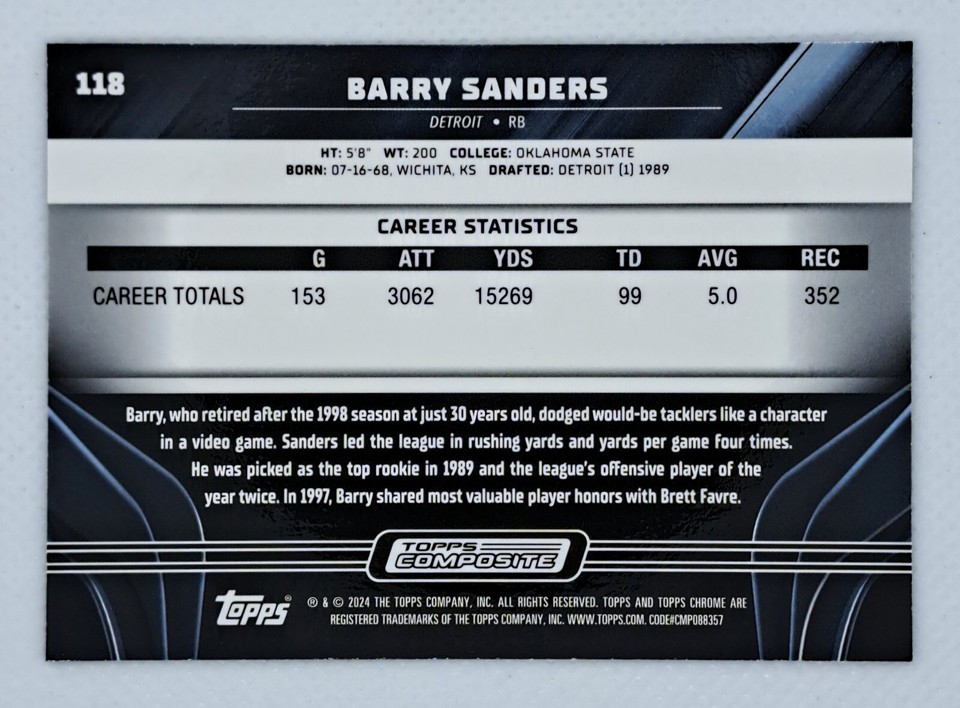Barry Sanders 2024 Topps Composite Football Chrome Black Detroit Lions ...