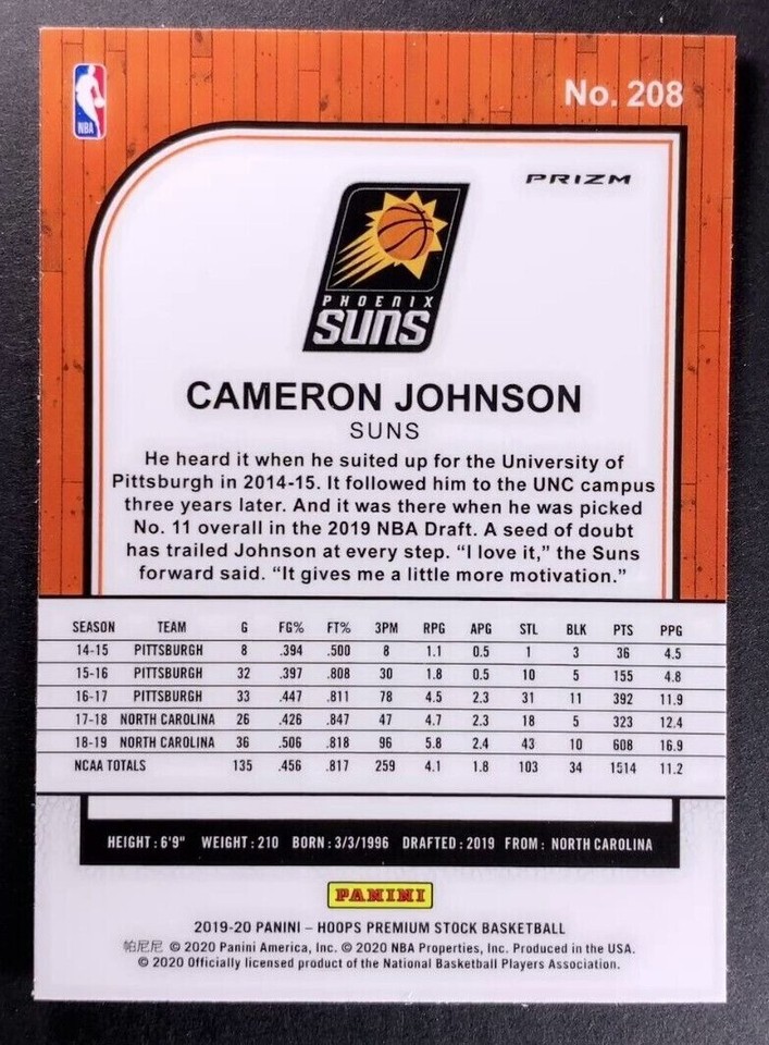 2019-20 NBA Hoops Premium Stock Cameron Johnson ROOKIE #208 Silver ...