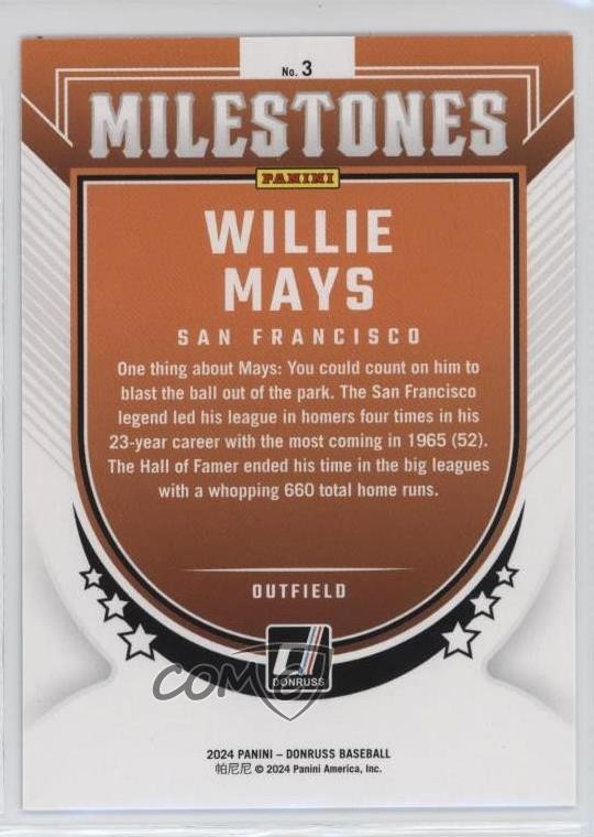 2024 Panini Donruss Milestones Holo /199 Willie Mays #3 HOF | eBay