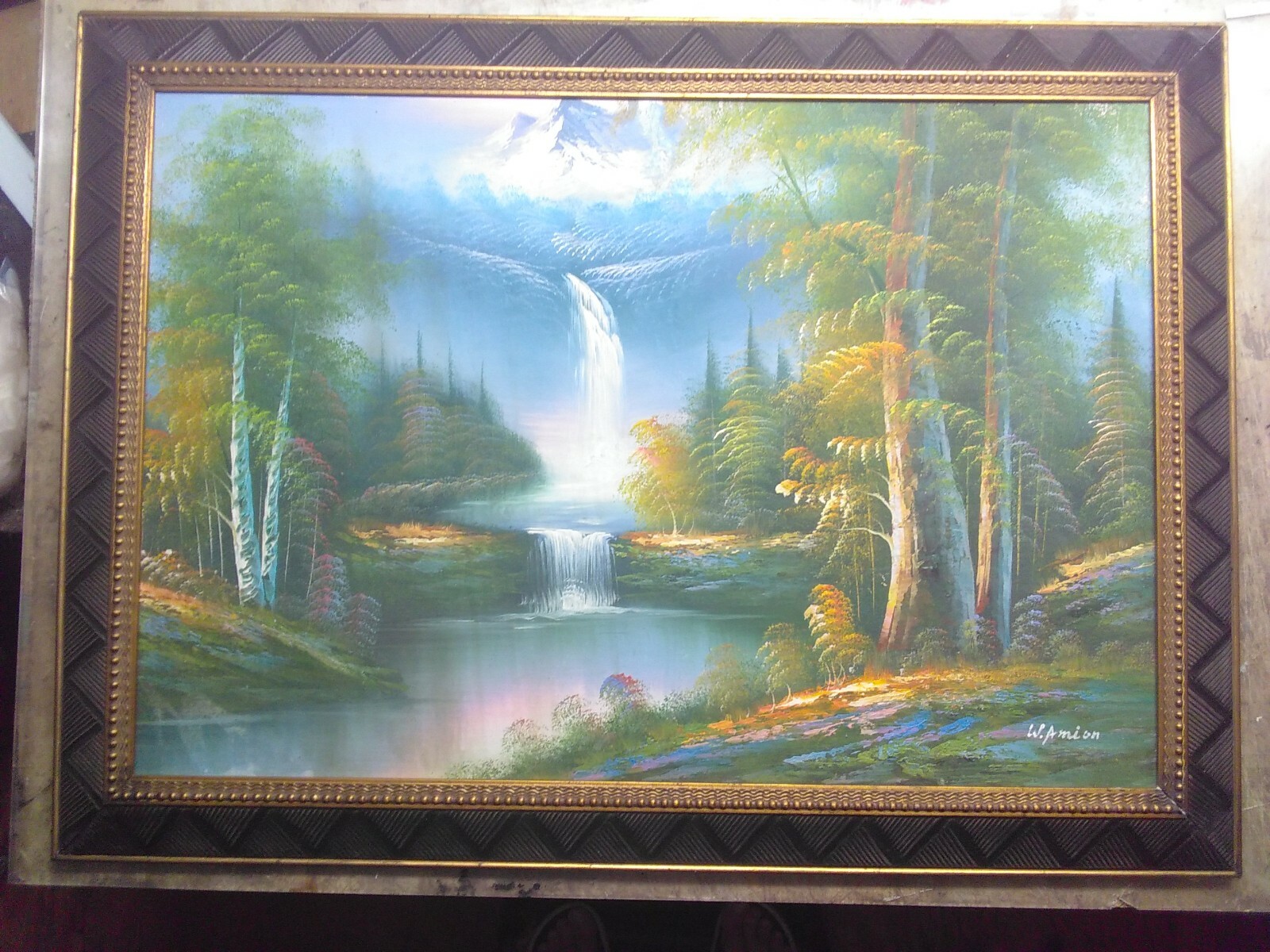 Waterfall Landscape Old Vintage Mid-Century Oil PAINTING Listed artist ...