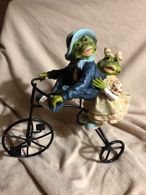 2 Frogs on a Metal Tricycle Girl & Boy Detailed Resin Figurine 7.5” X 7 ...
