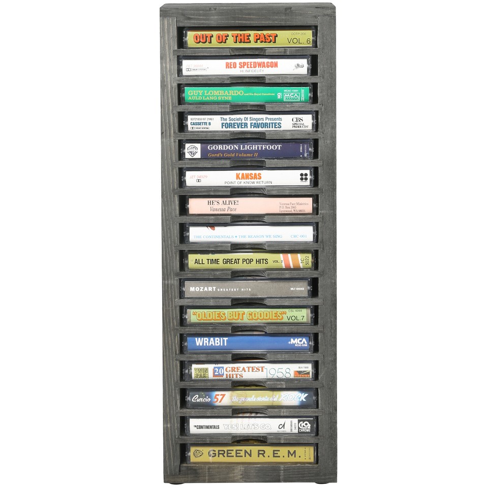 16-Slot Gray Solid Wood Freestanding Retro Cassette Tape Storage Rack ...