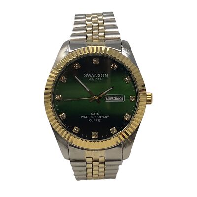 Men's Swanson Japan Watch GREEN Dial 45mm -Two Tone Band W/Rhinestone ...