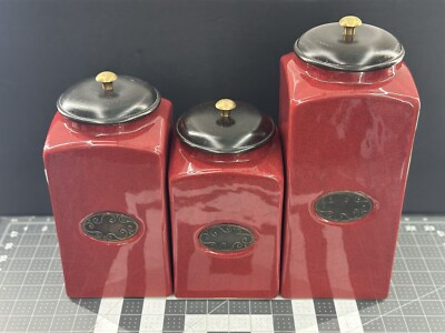 PIER 1 LARGE Rustic Brick Red 3 PCs Ceramic Canister Set W/ Vacuum Seal ...