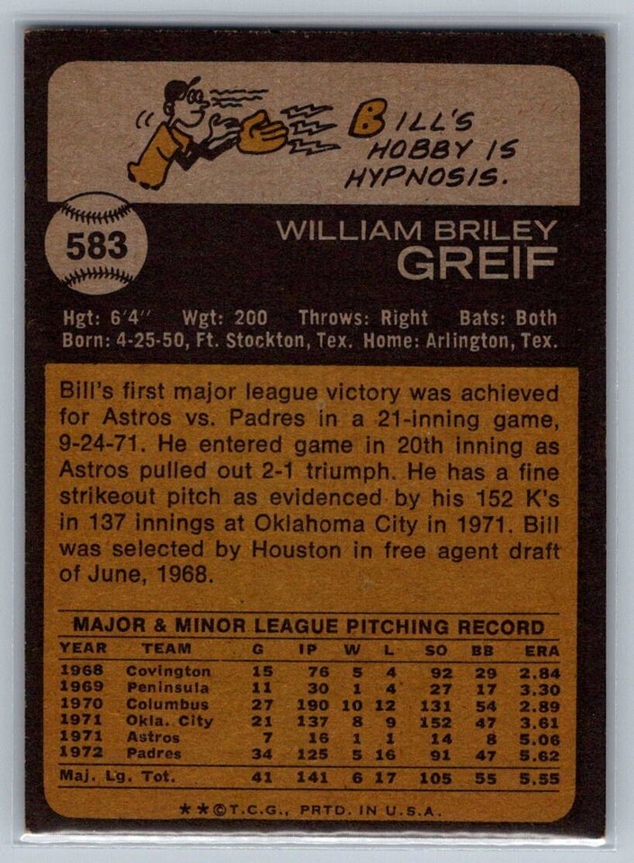 1973 Topps - High Number #583 Bill Greif | eBay