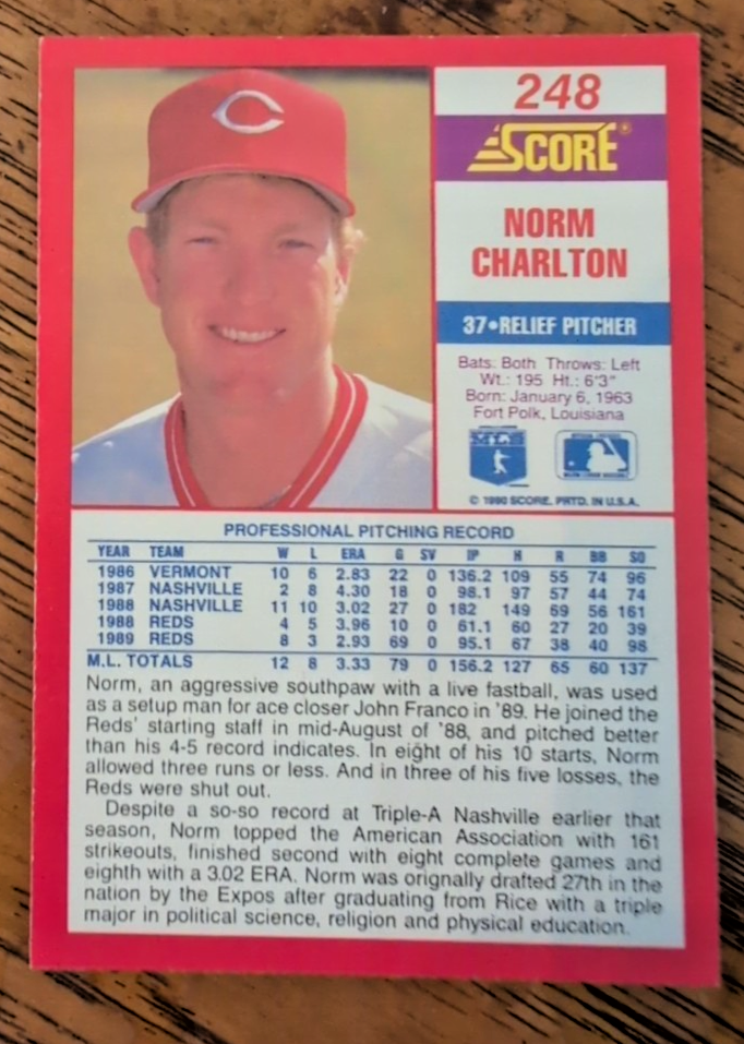 NORM CHARLTON Cincinnati Reds 1990 Score Baseball Card #248 Mint | eBay