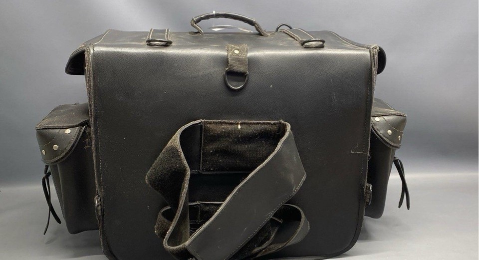 Black Leather Motorcycle Throw Over Travel Saddle Bags Panniers Vintage ...