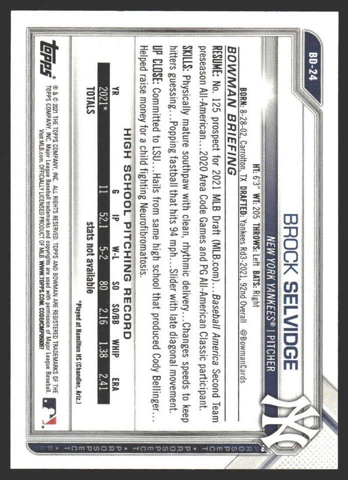 Brock Selvidge #BD-24 2021 Bowman Draft 1st Edition New York Yankees | eBay
