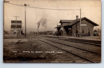 Real Photo Postcard Colorado Fowler Santa Fe Railroad Depot Commercial ...