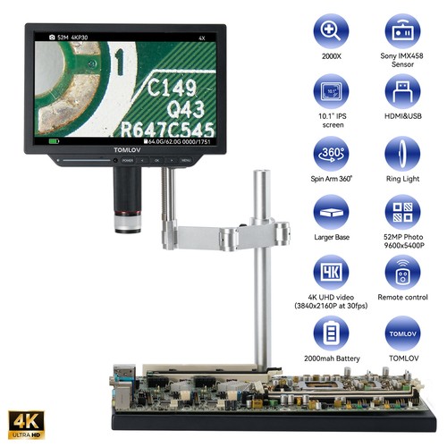 TOMLOV TM4K Max 4K Digital Microscope 2000x, 52MP Spin Arm Soldering ...