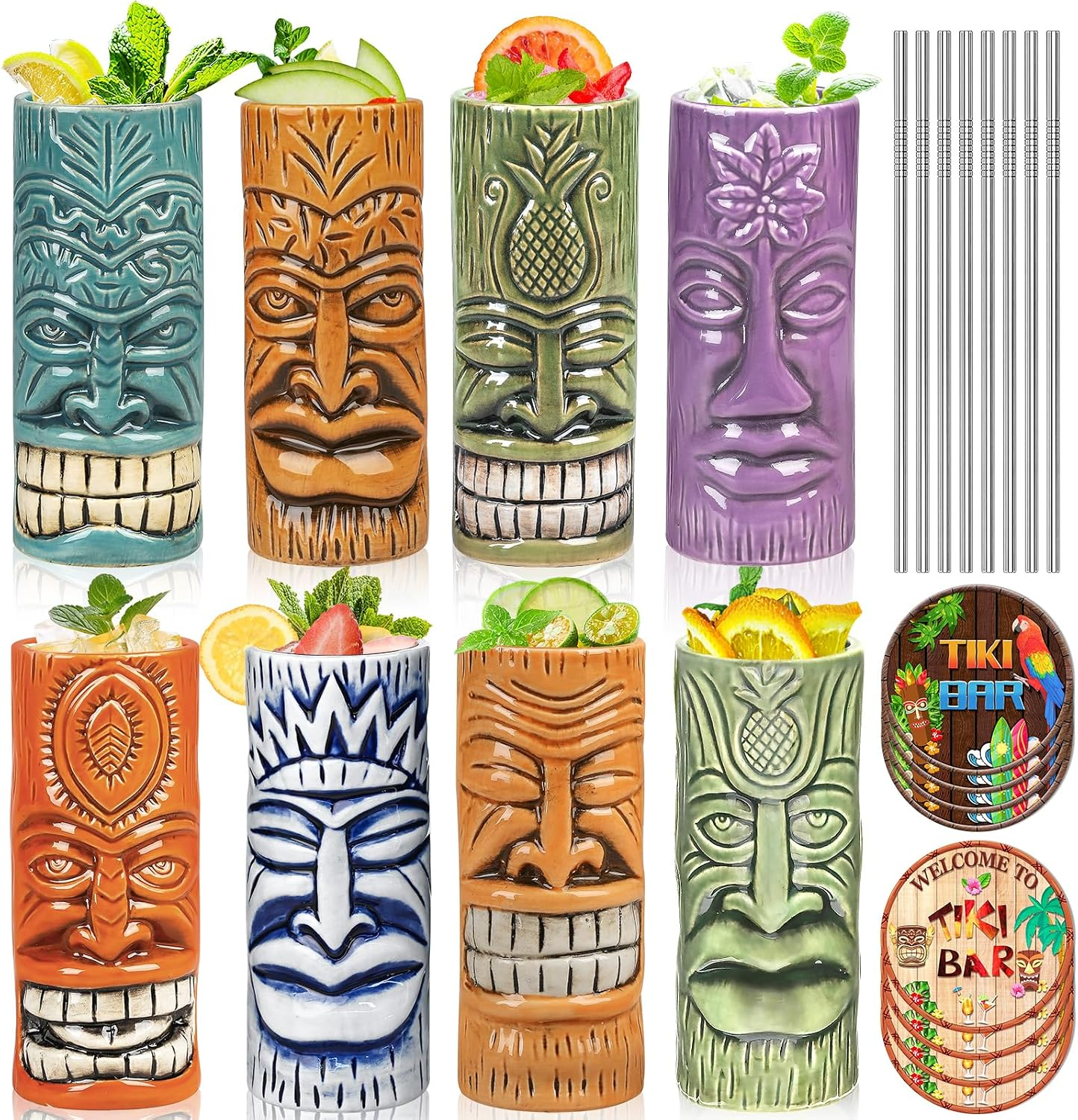 Tiki Mugs Set of 8 - Ceramic Tiki Glasses with Tiki Coaster, Unique ...