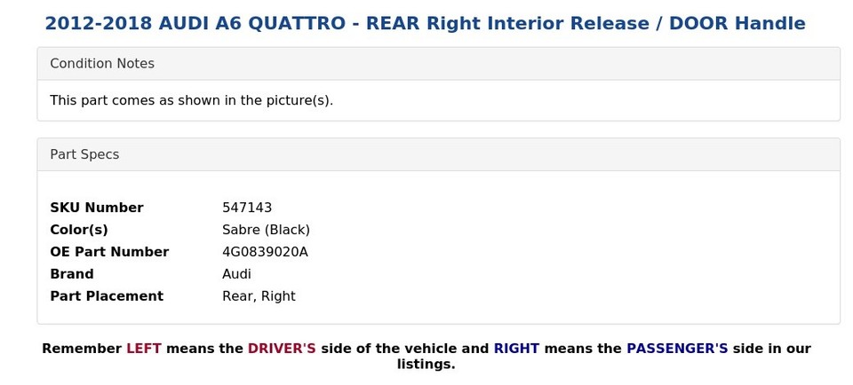 2012-2018 AUDI A6 QUATTRO - REAR Right Interior Release / DOOR Handle ...