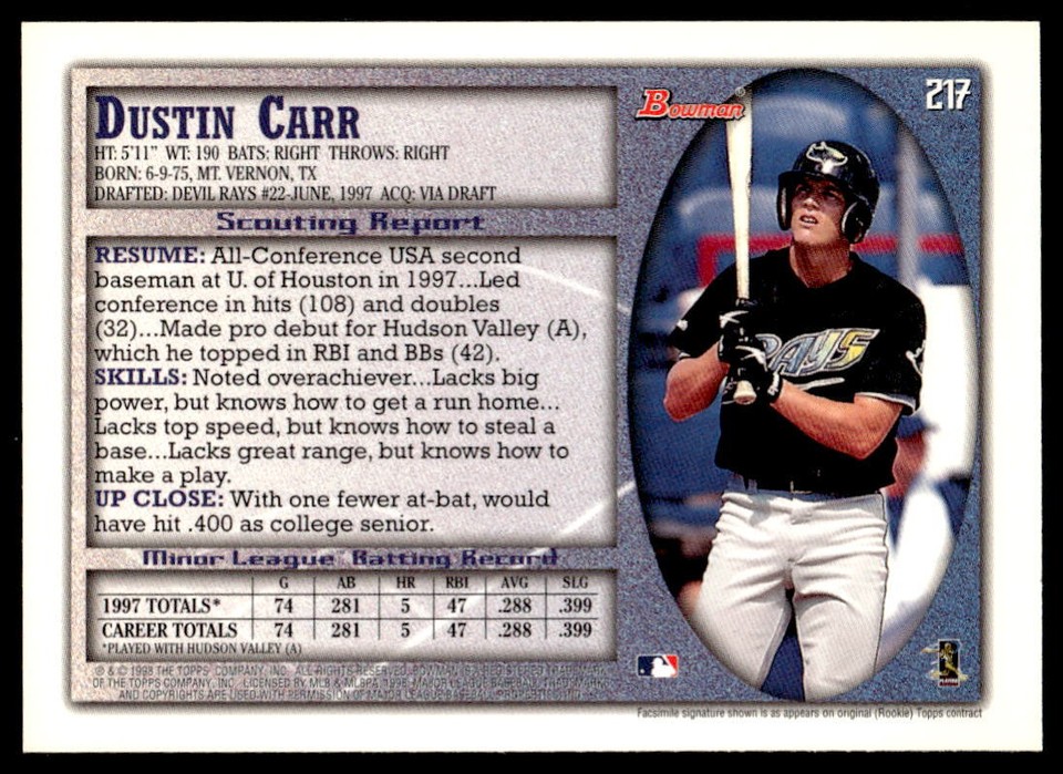 1998 Bowman 217 Dustin Carr Tampa Bay Devil Rays RC Baseball Card | eBay