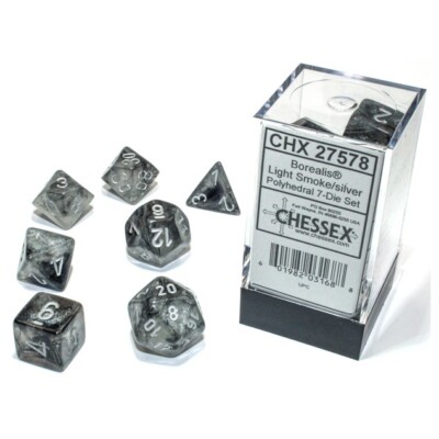 Chessex Borealis Light Smoke Dice w/Silver Markings 7-Dice Set D20/12 ...