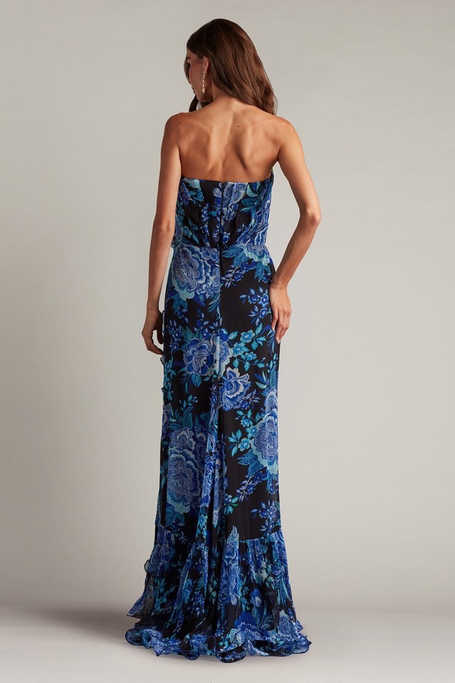 NEW, Tadashi Shoji MORWENNA FLORAL PRINT RUFFLE GOWN in Black/Blue Sz 2 ...