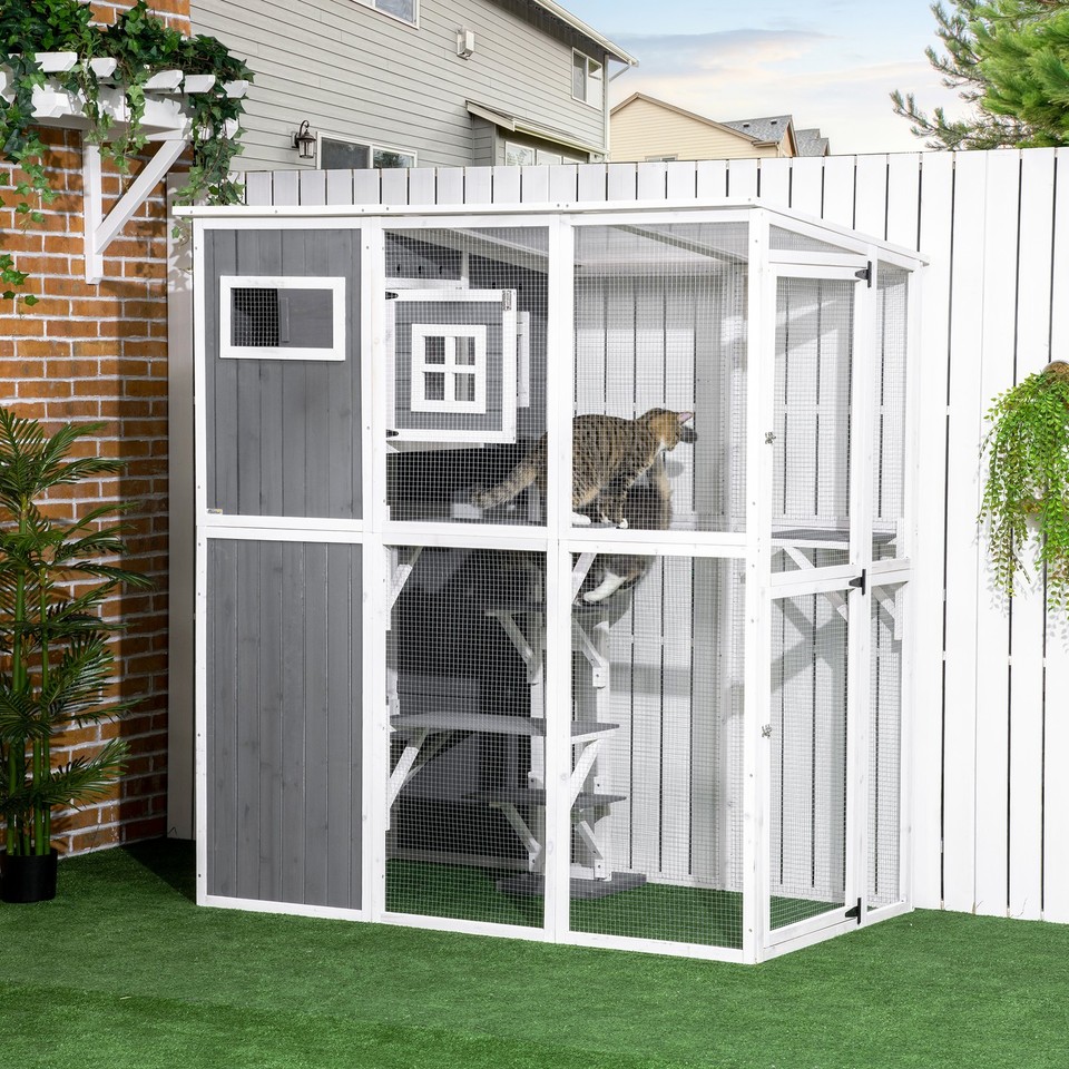 PawHut Outdoor Cat House Cage Walk in Wooden Catio w/ PVC Roof for 2 ...