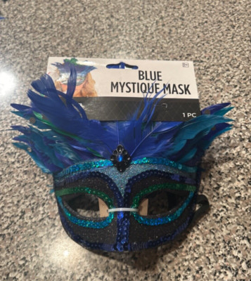BLUE MYSTIQUE MASK Feather Masquerade Mardi Gras Halloween Costume ...