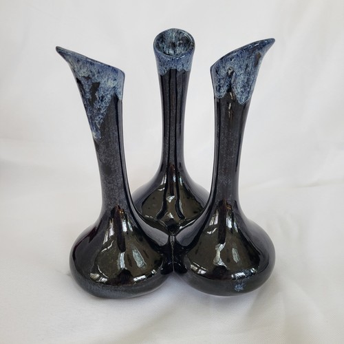 Van Briggle MCM Triple Bud Vase Deep Navy with White Drip Glaze 7” Tall ...