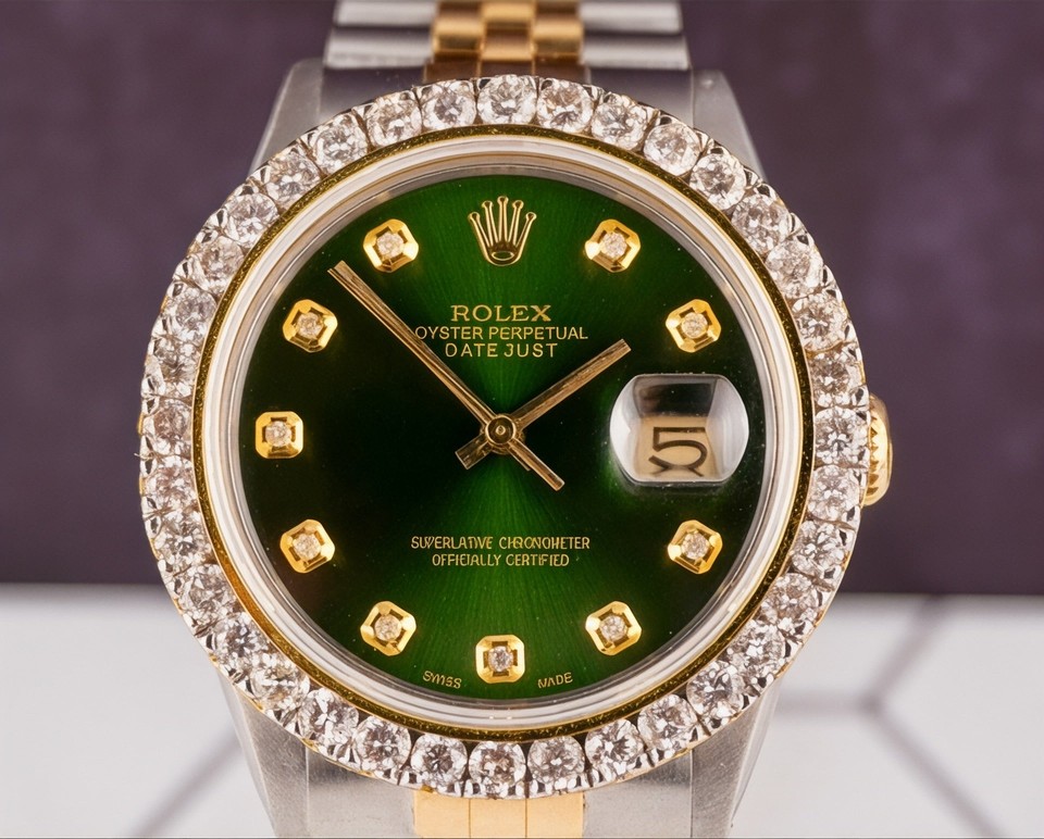 Rolex Datejust 36mm YG/Steel 2.25ct Diamonds Green Dial Hidden Clasp ...