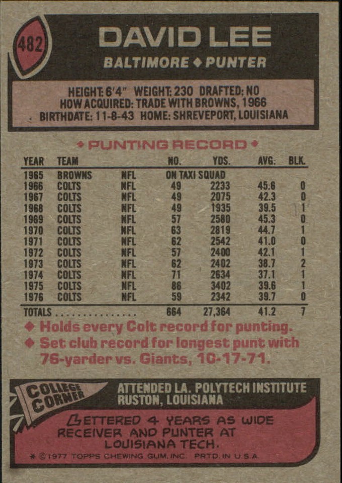 1977 Topps Baltimore Colts Football Card #482 David Lee - NM | eBay
