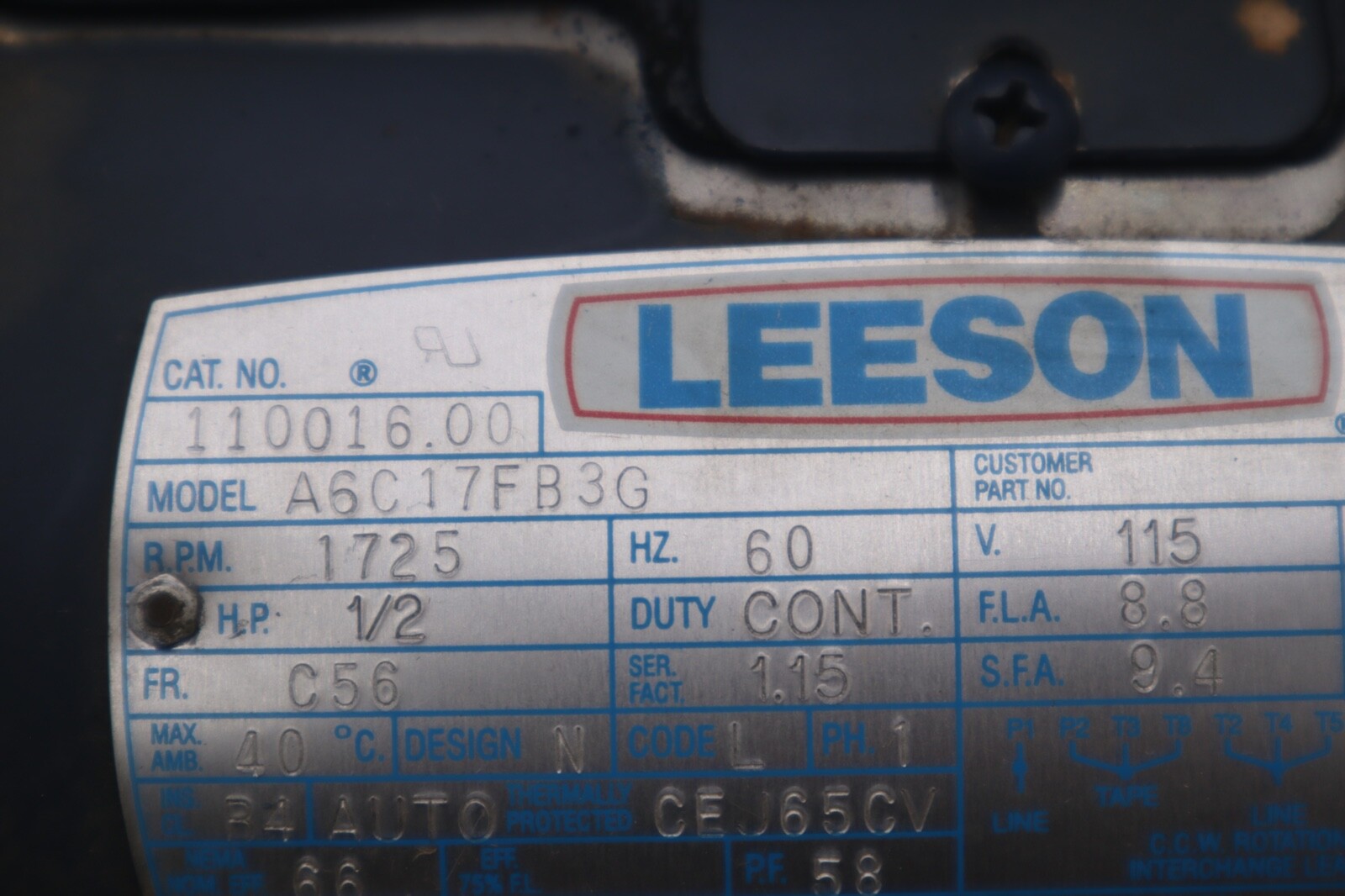 LEESON Model A6c17fb3 Cat No. 110016-00 Motor 1/2 HP 208-230v 1 Phase ...