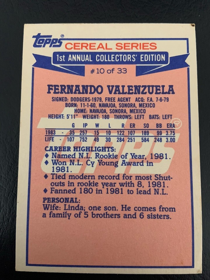 1984 Topps Cereal #10 Fernando Valenzuela | eBay