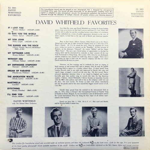 DAVID WHITFIELD Favorites VINYL LP Original AMERICAN London FFFR 1957 ...