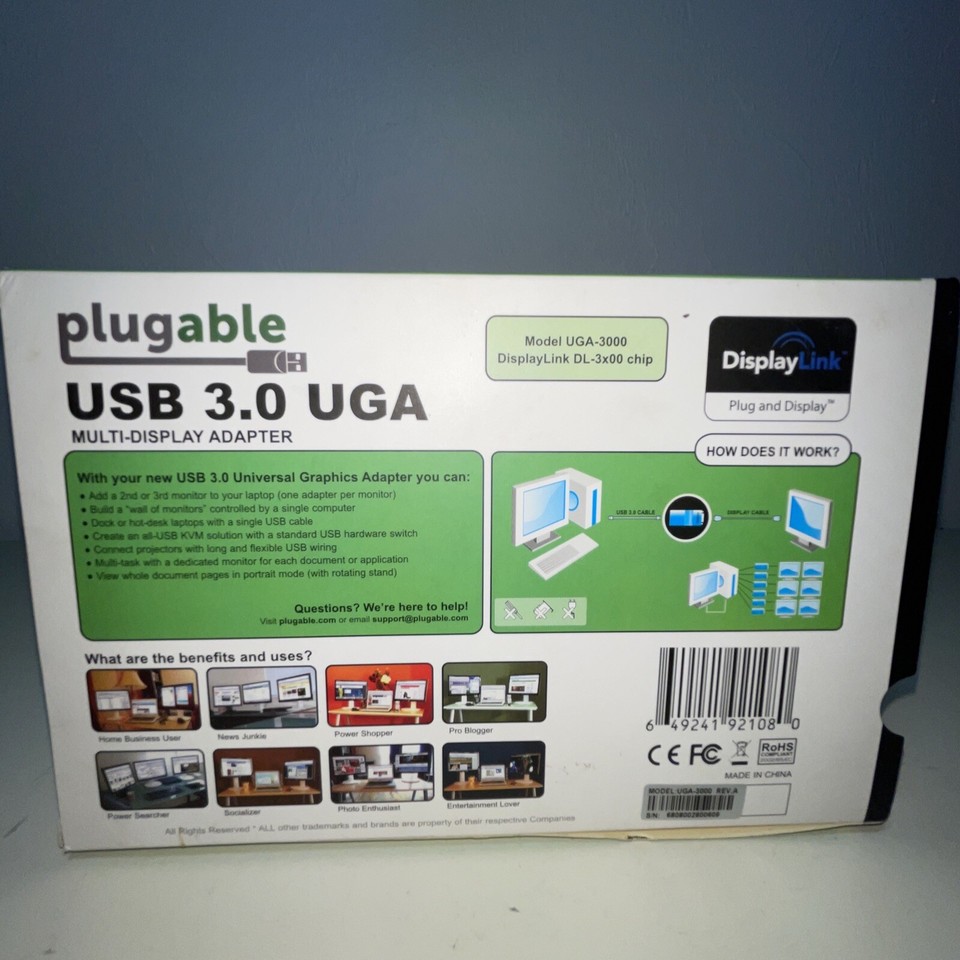 PLUGABLE Uga-3000 Usb 3.0 To Dvi/Vga/Hdmi Video Multi Display Adapter ...