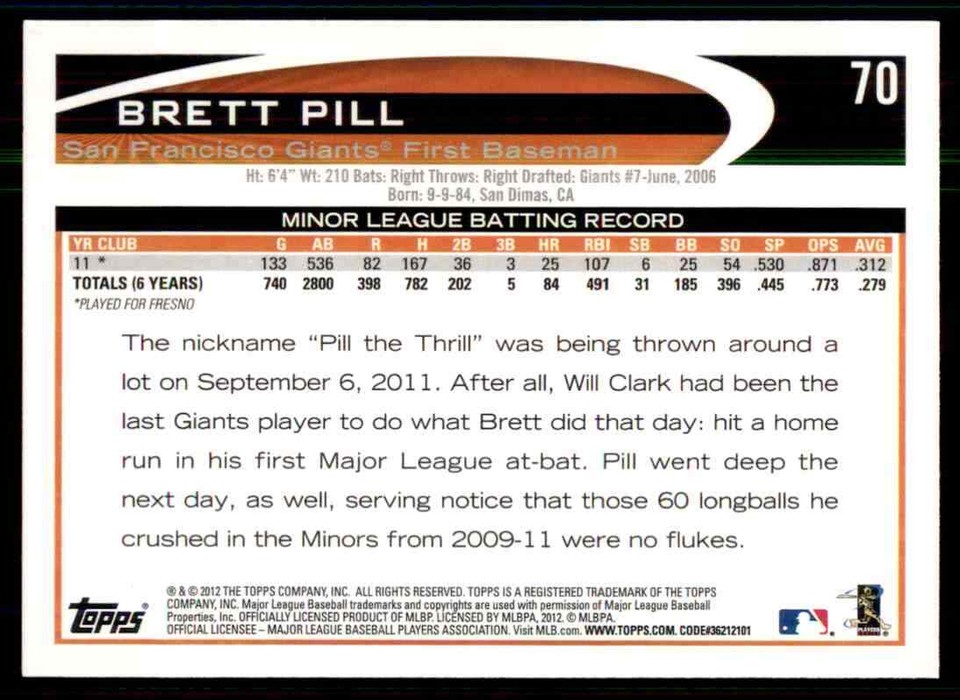 2012 Topps Brett Pill RC #70 San Francisco Giants | eBay