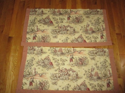 Custom Made Red Brown French Country Toile Gingham Border Lined Valance ...