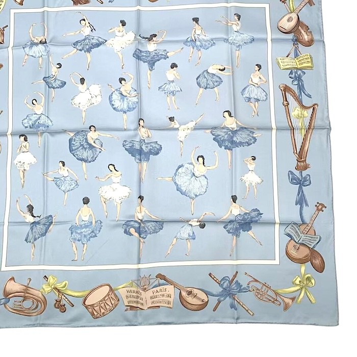 Hermes Scarf Stole La Danse Light Blue Musical Instrument Dance Silk ...