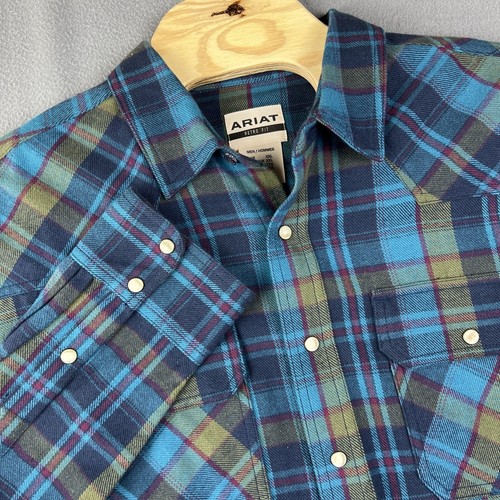 Ariat Halstead Pearl Snap Shirt Men XXL Teal Plaid Flannel Retro Fit ...