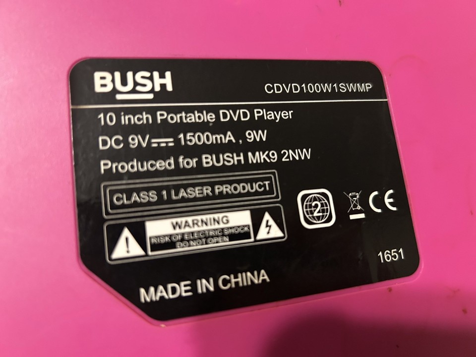 Bush Portable DVD Player 10" Pink Charger CDVD100W1SWMP With Remote ...