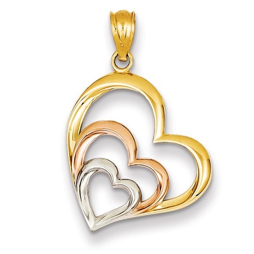 14K GOLD TRI-COLOR THREE HEARTS OPEN HEART PENDANT CHARM - 1 INCH ...