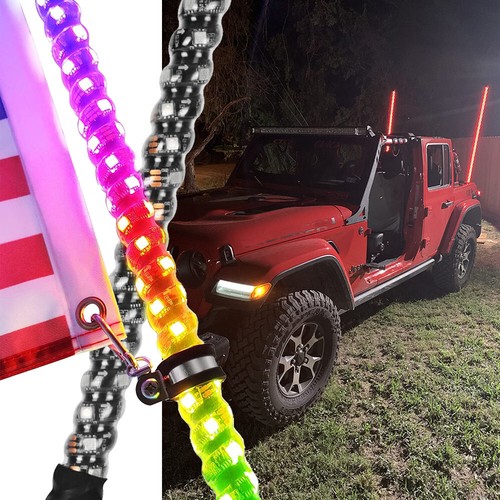 For Jeep Wrangler Rubicon 2X 3ft RGB Spiral LED Whip Light Chasing ...