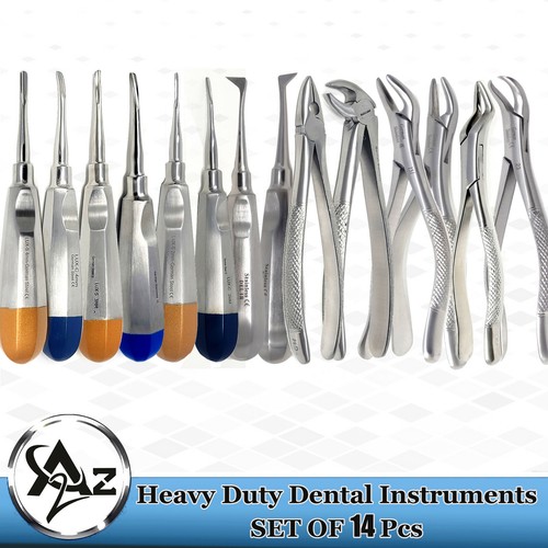14 Pc OR Grade Dental Extraction Forceps Upper Lower & Elevators Curved ...