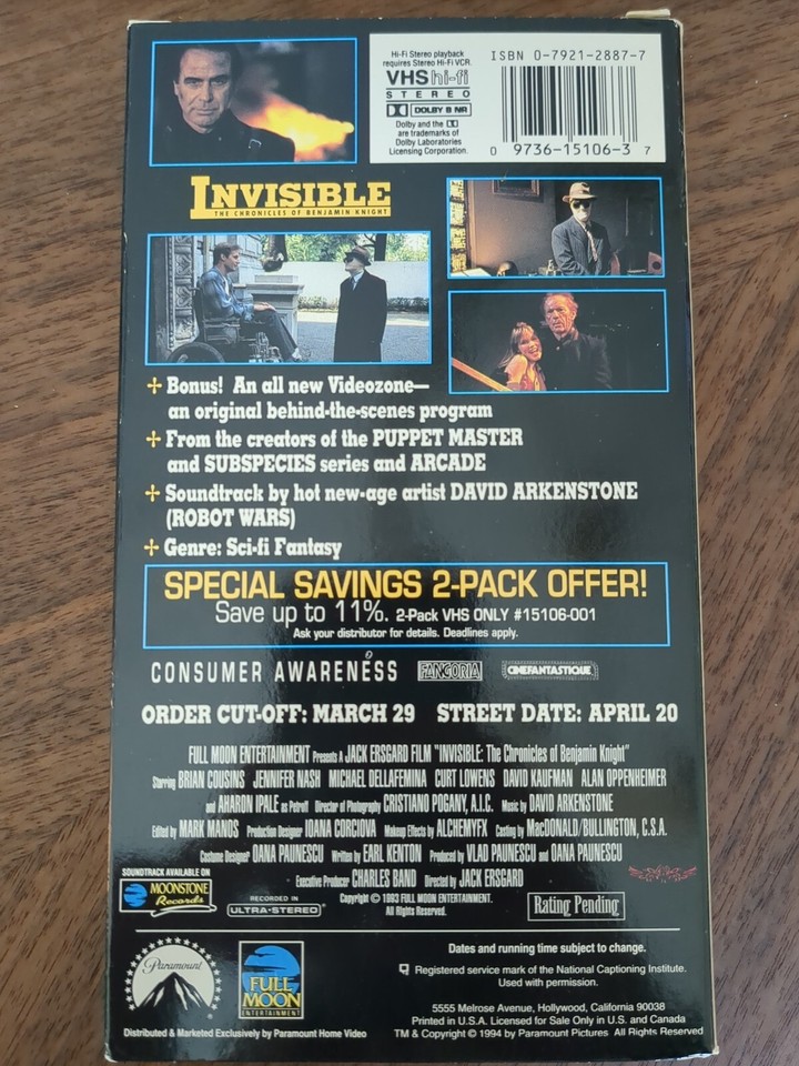 Invisible: The Chronicles of Benjamin Knight VHS RARE promo screener ...