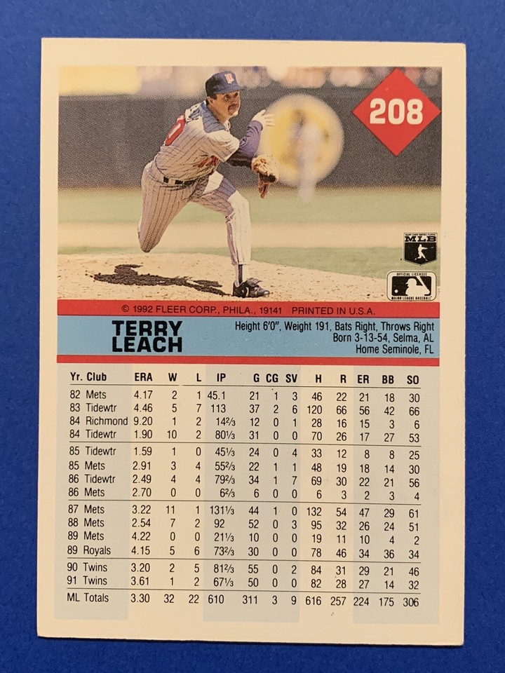 TERRY LEACH (TWINS 1991 WS CHAMP) Signed 1992 Fleer AUBURN TIGERS ...