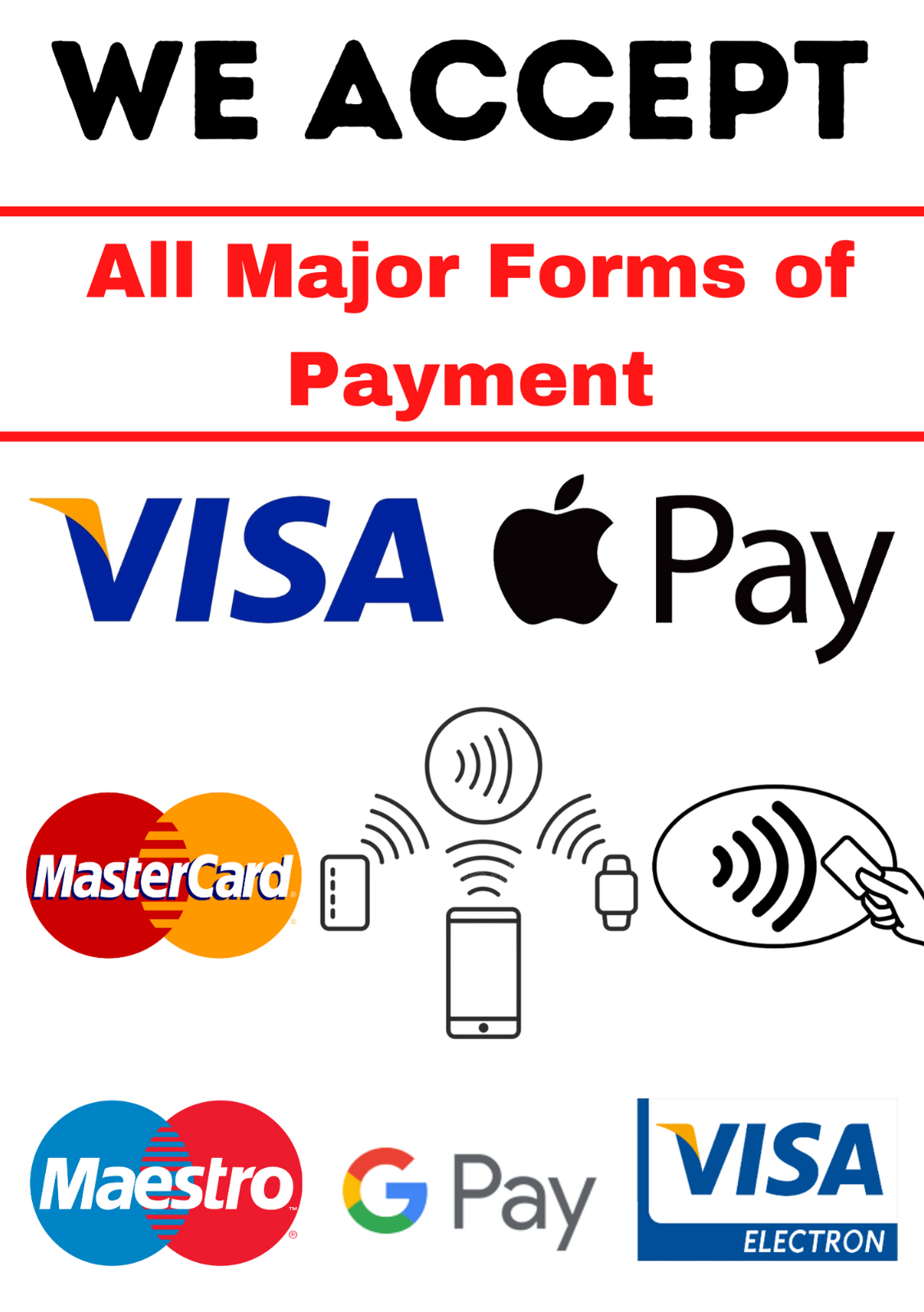 A5 SIZE Accept card payments stickers signs, apple pay, contactless etc ...