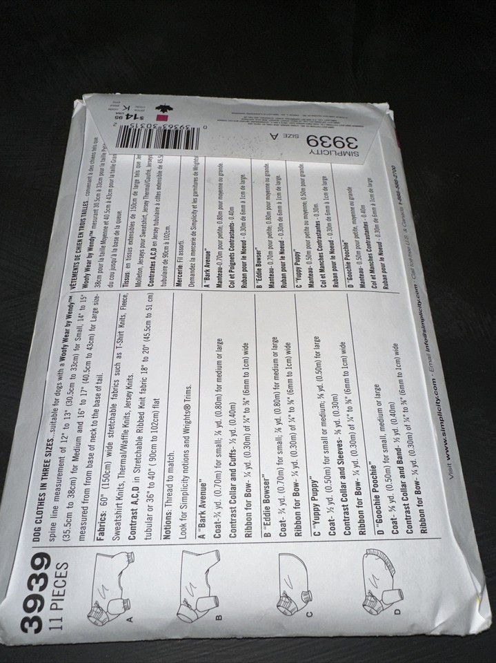 Simplicity Wooly Wear by Wendy Sewing Pattern 3939 Dog Clothes In 3 ...