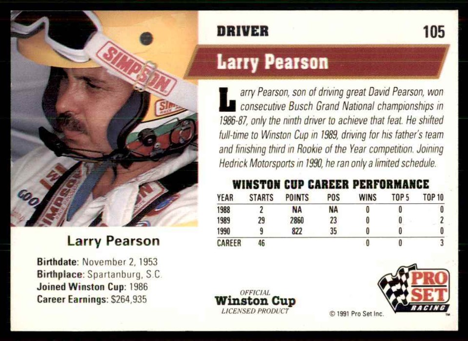 1991 Pro Set Larry Pearson IP Signed Auto #105 | eBay