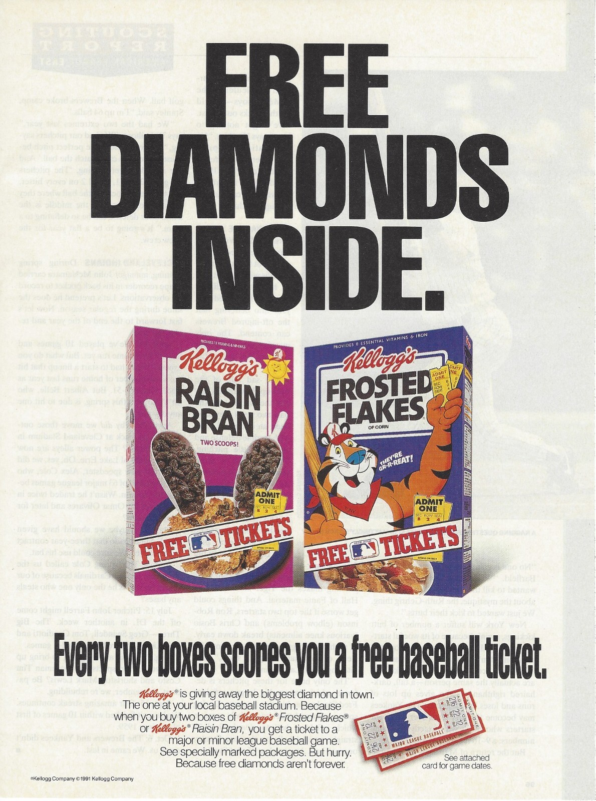 1991 Kellogg's Frosted Flakes Cereal Raisin Bran vintage Print Ad ...