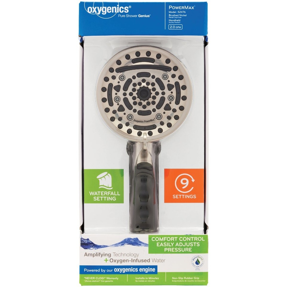 Oxygenics PowerMax 9-Spray 1.8 GPM Handheld Shower Head, Brushed Nickel ...
