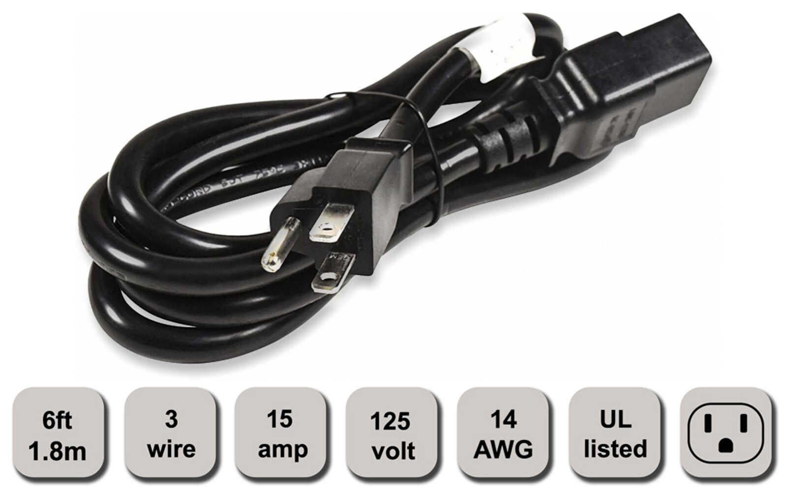 6ft Heavy-Duty AC Cord, 15A, 14AWG IEC-C19 to NEMA 5-15P Mains Cable ...