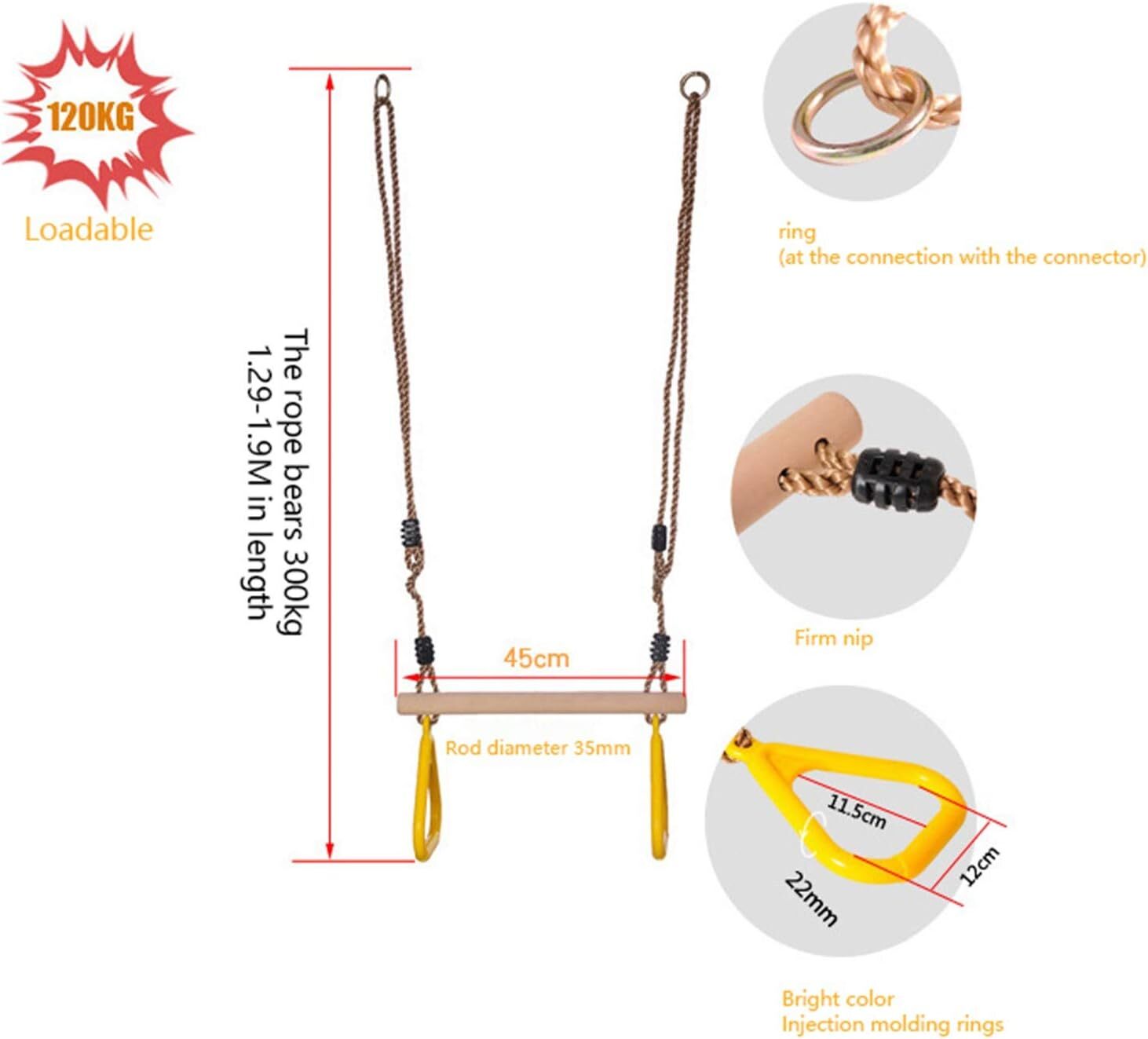 Playground Children's Wooden Trapeze Swing Bar with Plastic Gym Rings ...