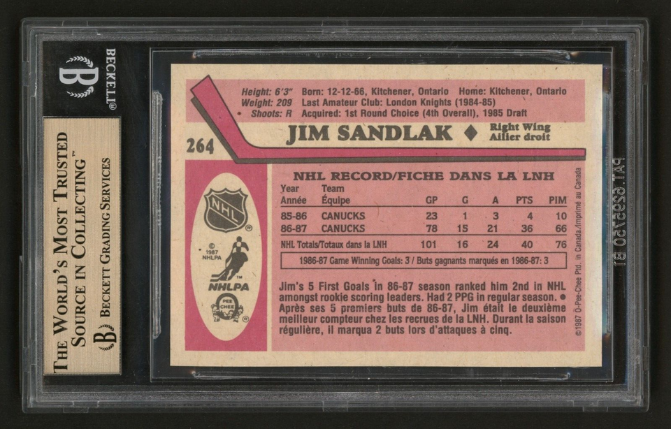 1987-88 OPC #264 JIM SANDLAK ROOKIE CARD BGS~BVG 9.5 GEM MINT W/10`S ...