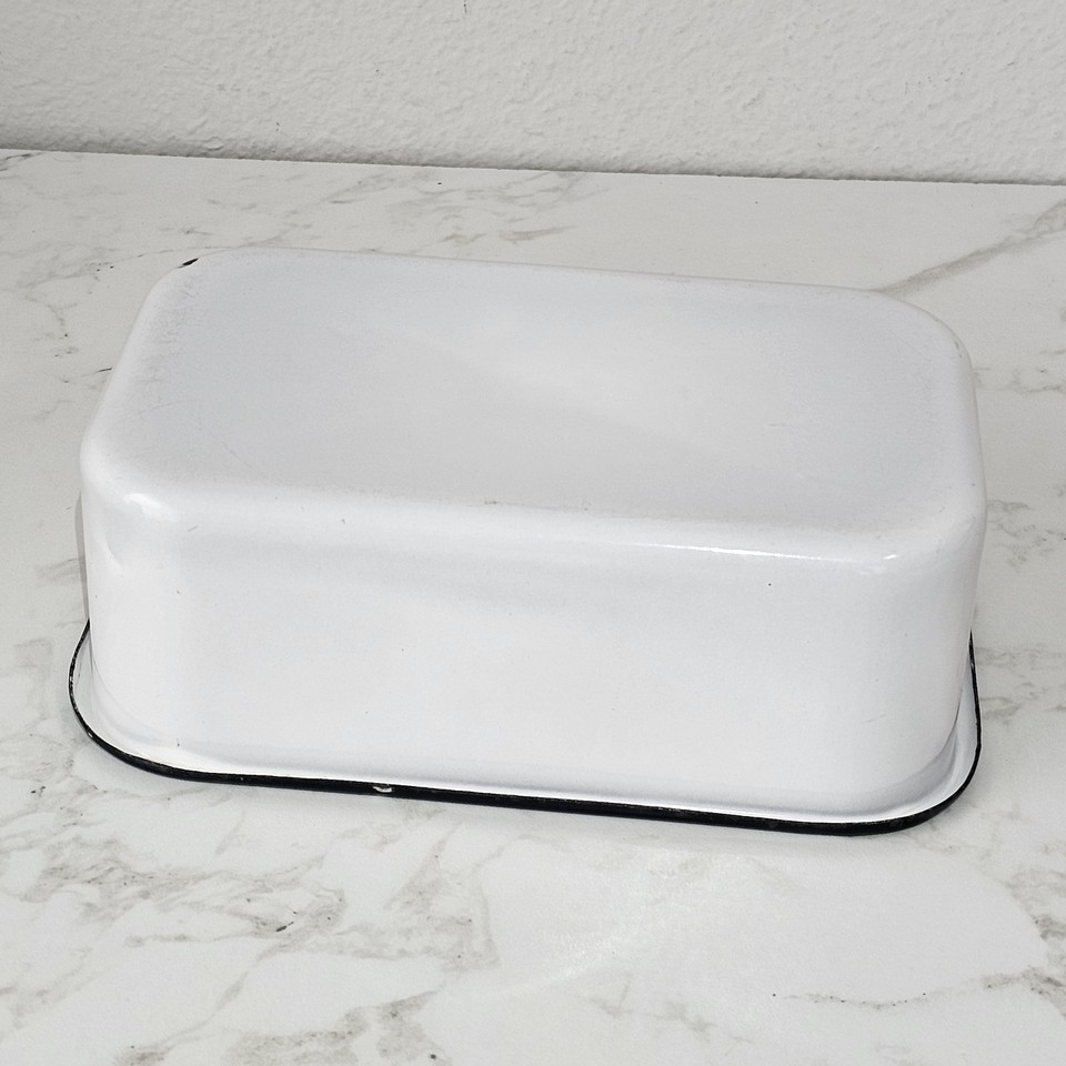 Vintage White Enamel Rectangle Loaf Pan Black Rim Refrigerator Storage ...