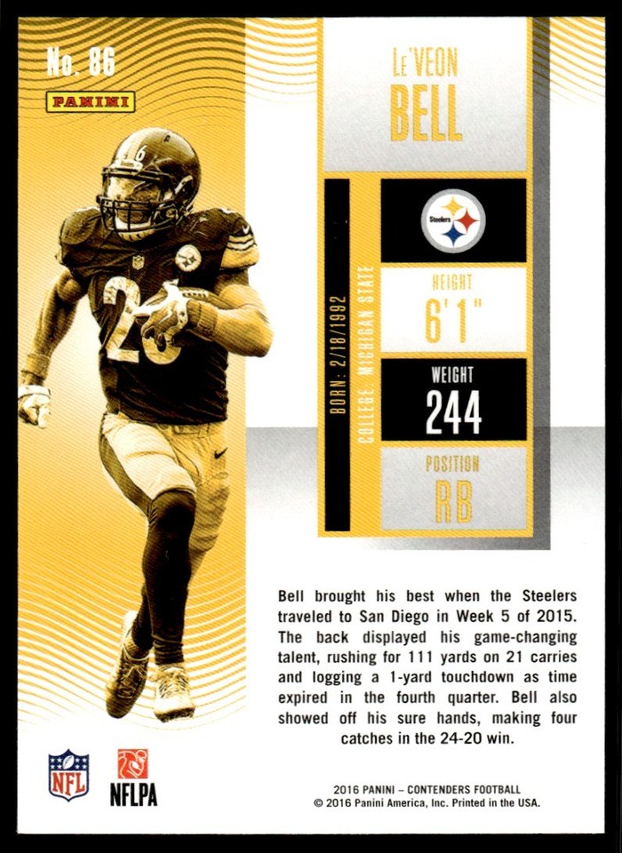 2016 PANINI CONTENDERS LE'VEON BELL #86 PITTSBURGH STEELERS 1442 | eBay